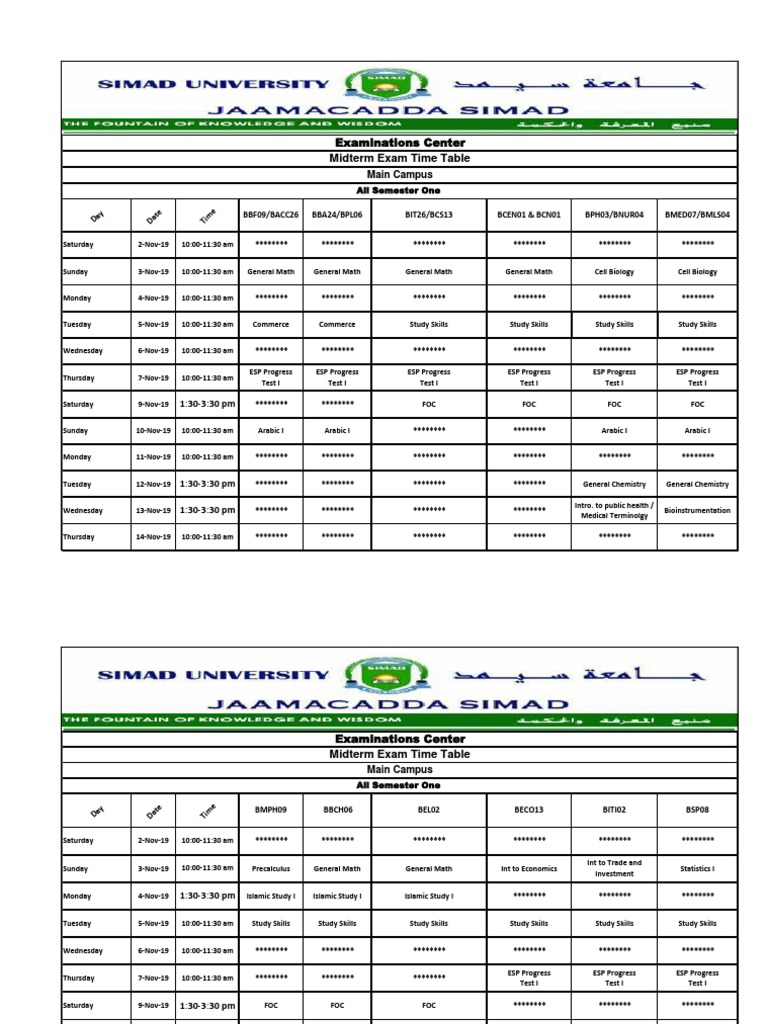 Midterm Exam Time Table | PDF | Academic Term | Data Analysis