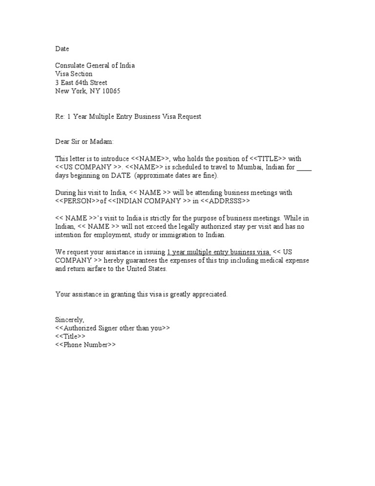 Sample Business Letter For Indian Visa