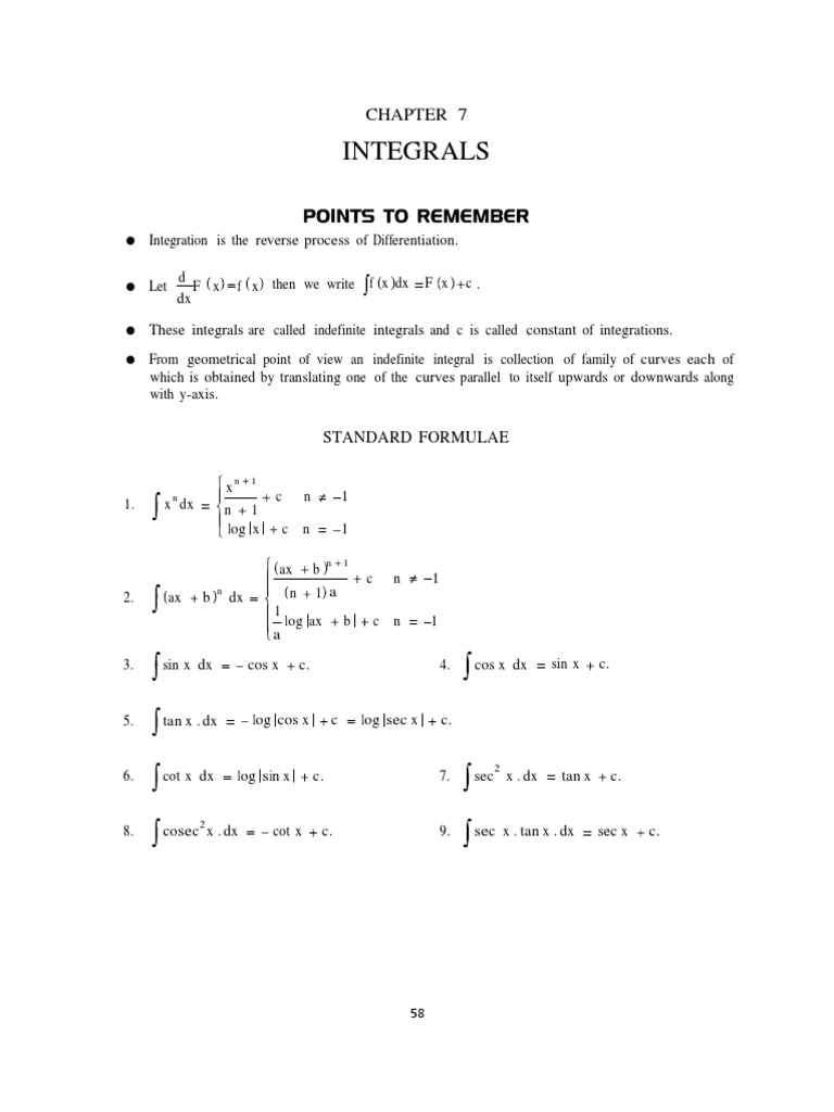 Integrals: Standard Formulae | PDF | Integral | Analysis