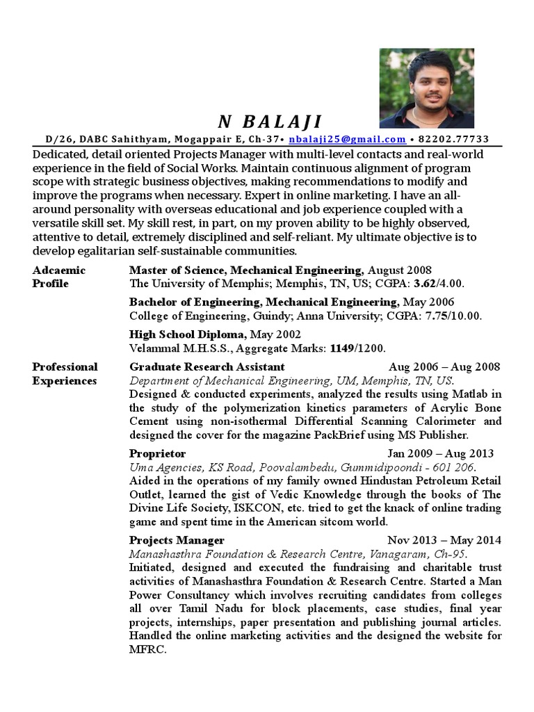 N Balaji Resume May 2014 | PDF | Engineering | Science