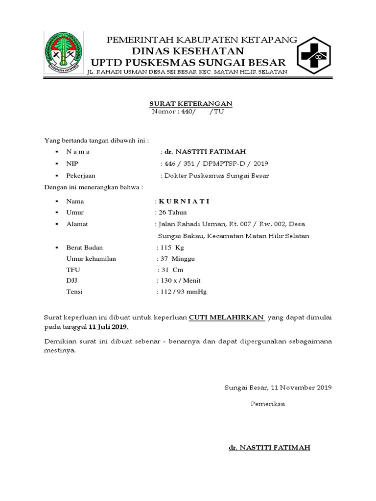 Surat Keterangan Cuti Melahirkan | PDF