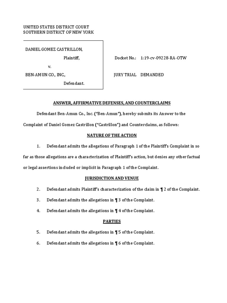 Answer, Affirmative Defenses, AND Counterclaims | PDF | Affirmative Defense | Complaint