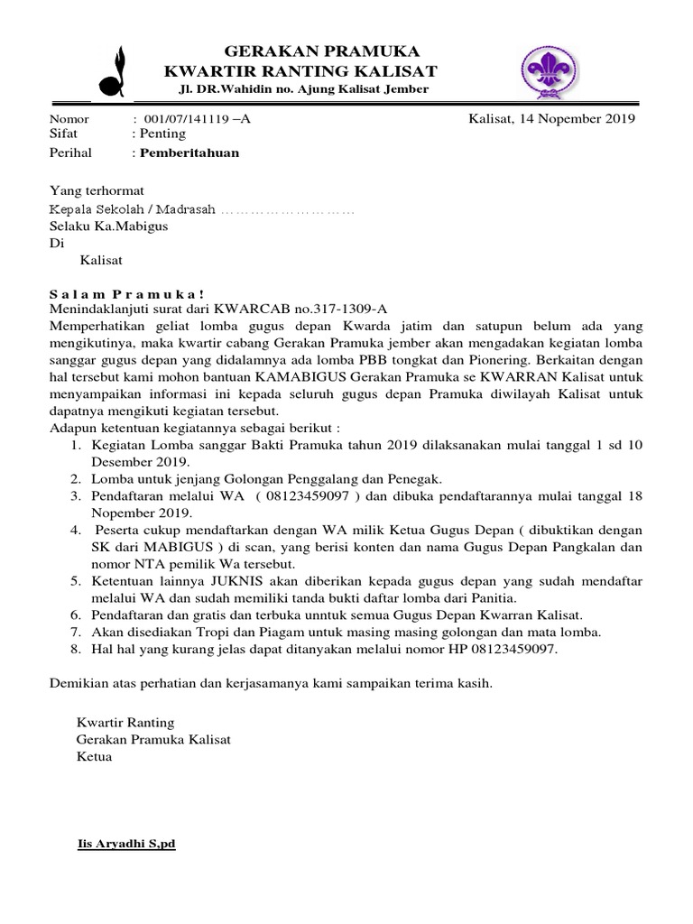 Surat Edaran Lomba Sanggar Kwarcab Jember | PDF | Olahraga & Rekreasi