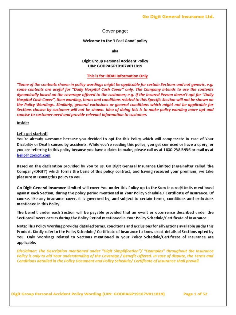 Digit Insurance Policy Document-1 | PDF | Intensive Care Unit | Health Care