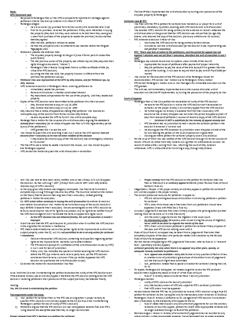 Facts: MTC Ejectment Case Certiorari Case at RTC | PDF | Certiorari ...