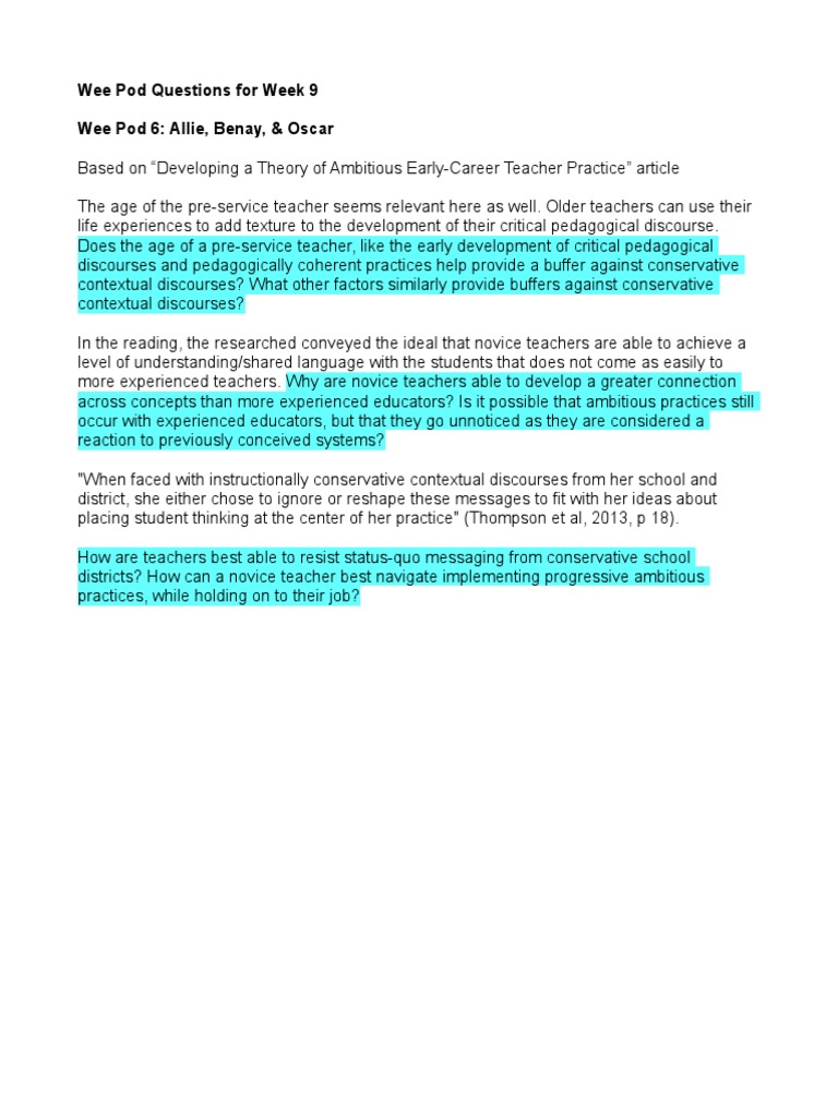 Wee Pod Questions For Week 9 Wee Pod 6: Allie, Benay, & Oscar | PDF