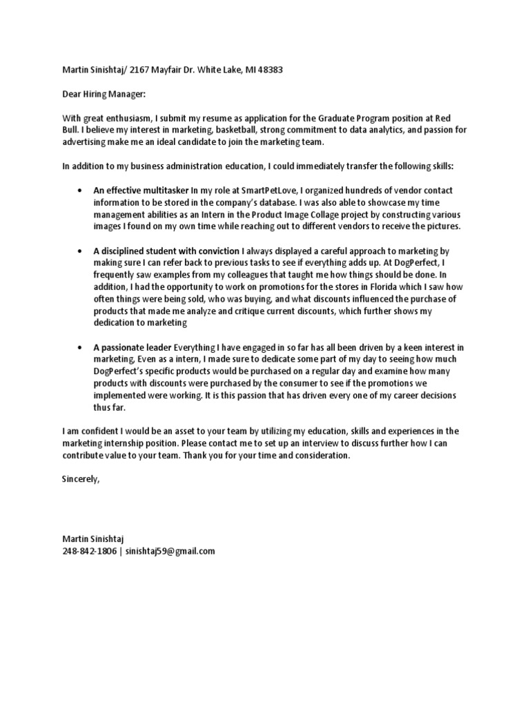Red Bull Cover Letter | PDF