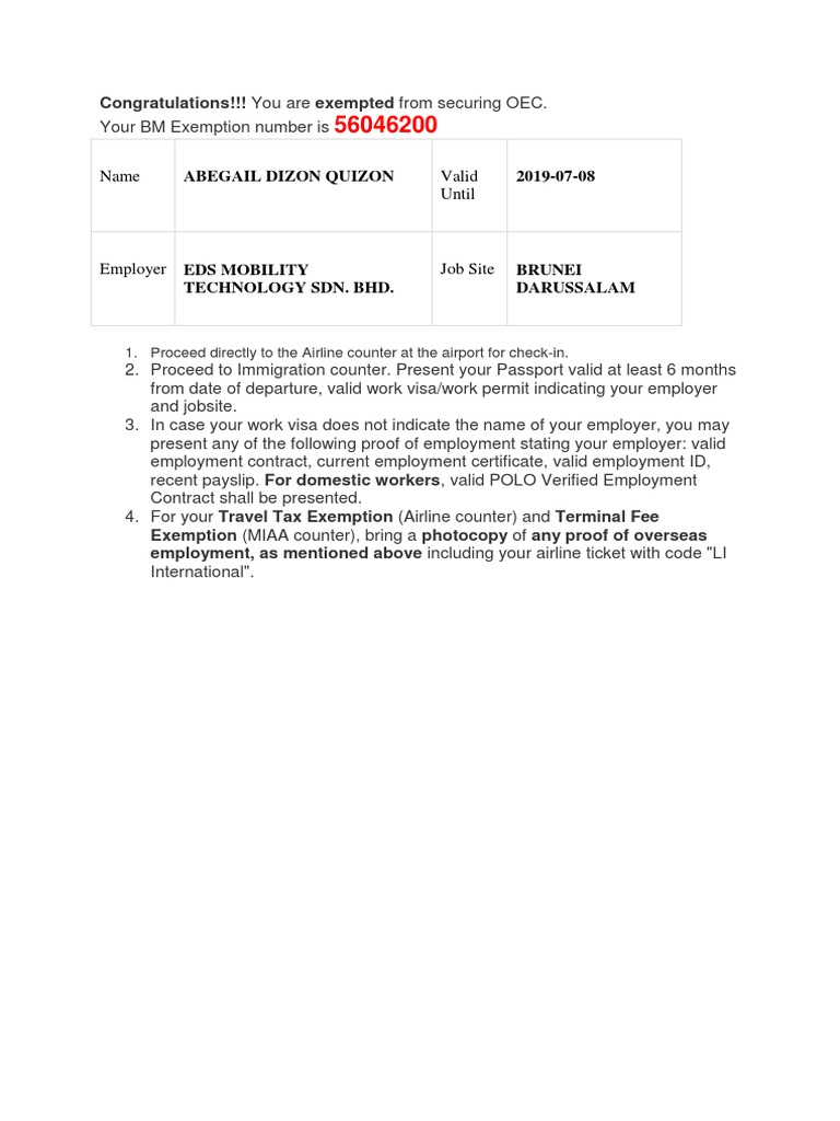 OEC Exemption Details for Abegail Quizon | PDF | Career & Growth | Business