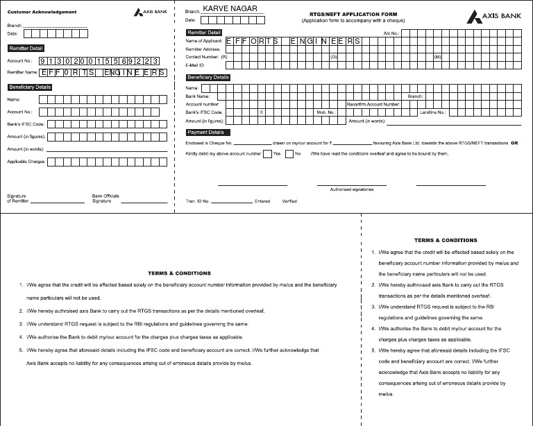 Axis Bank Rtgs Neft Application Form PDF | PDF