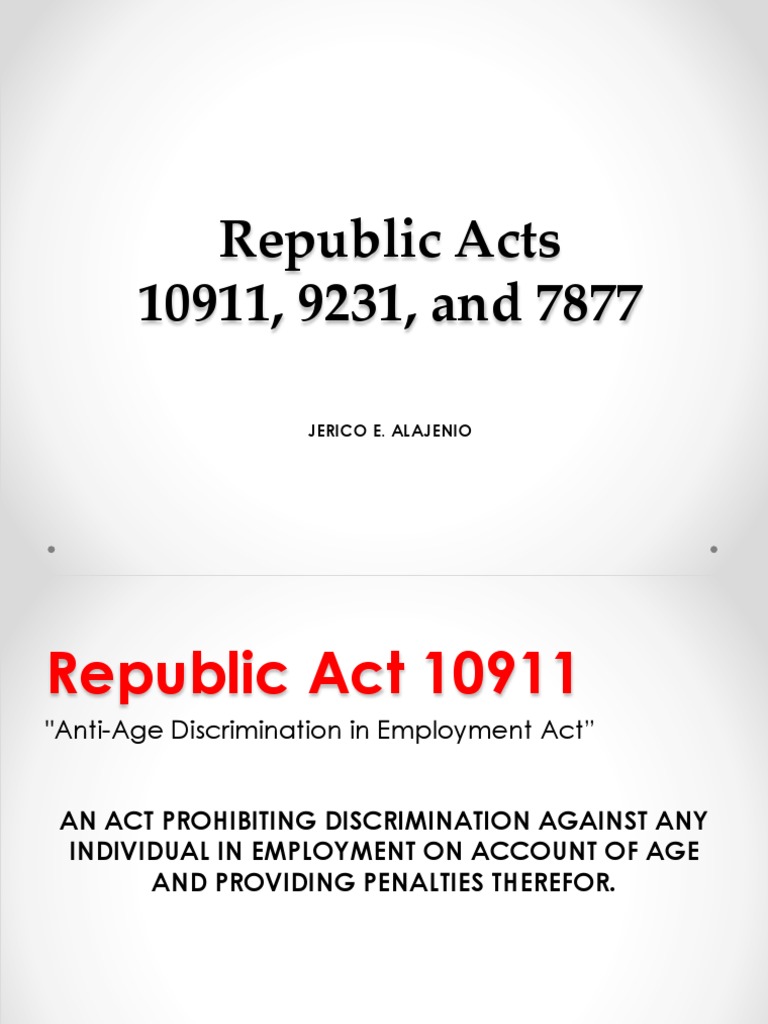 Republic Acts 10911, 9231, and 7877: Jerico E. Alajenio | PDF | Sexual ...