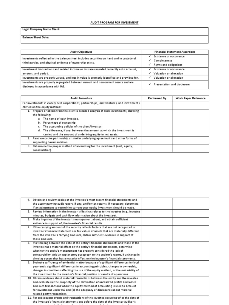 Audit Program For Investment | PDF | Financial Statement | Investing