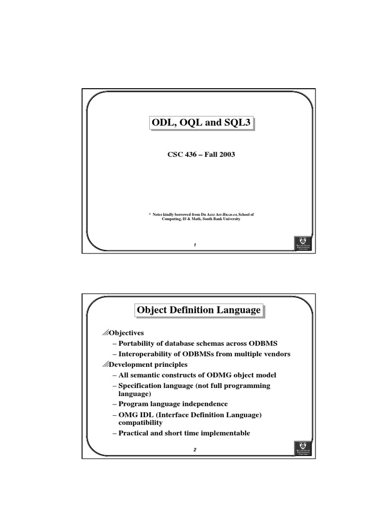 Odl, Oql and Sql3: CSC 436 - Fall 2003 | PDF | Relational Database ...