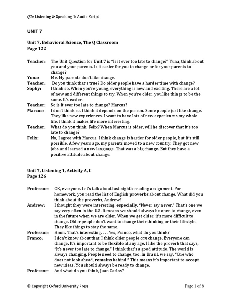 Q2eSE LS1 U07 AudioScript | PDF | Books