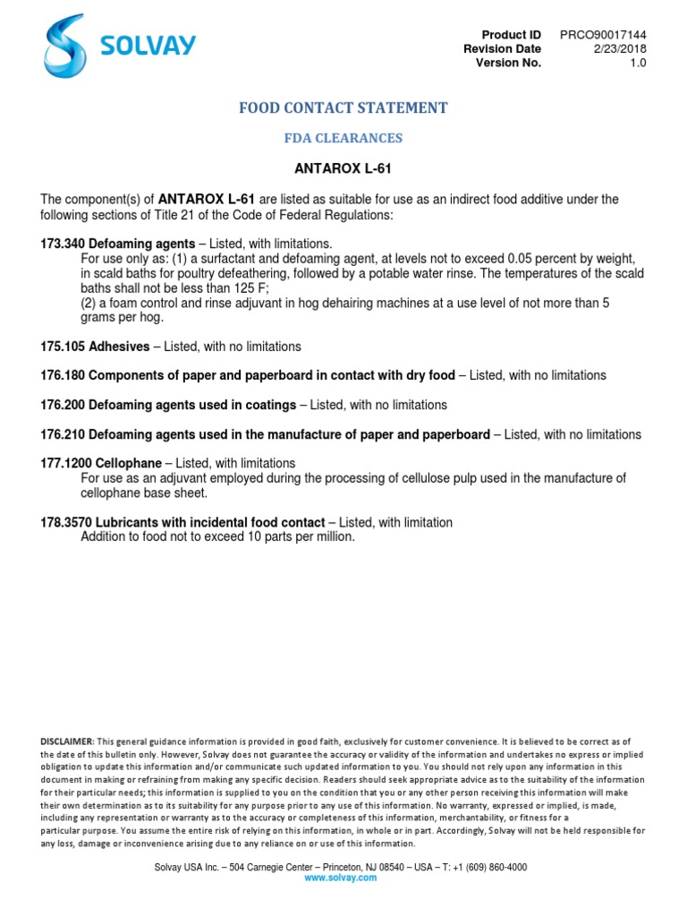 Food Contact Statement: Antarox L-61 Antarox L-61 | PDF | Paper ...