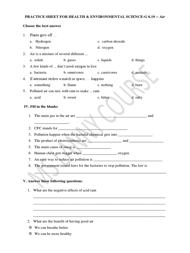 Air and Pollution Practice Sheet | PDF | Oxygen | Atmosphere Of Earth