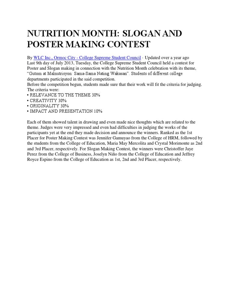Nutrition Month: Slogan and Poster Making Contest: WLC Inc., Ormoc City ...