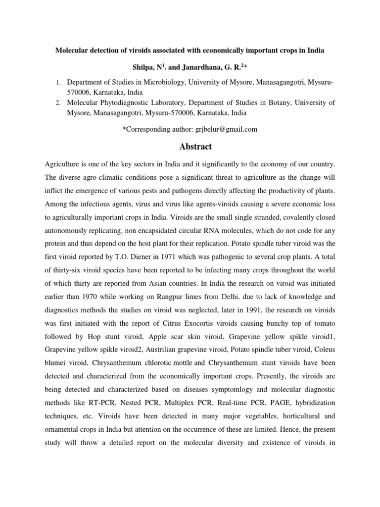 Molecular Detection Of Viroids Associated With Economically Important Crops In India Shilpa N