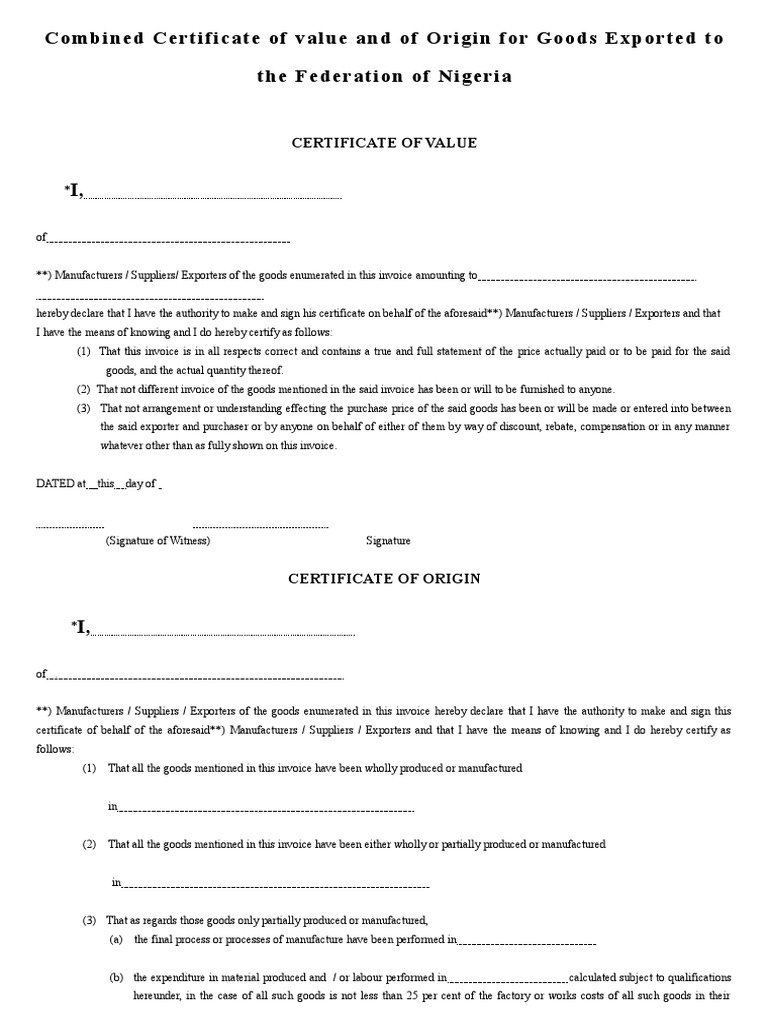 Combined Certificate of Value and of Origin For Goods Exported To The ...