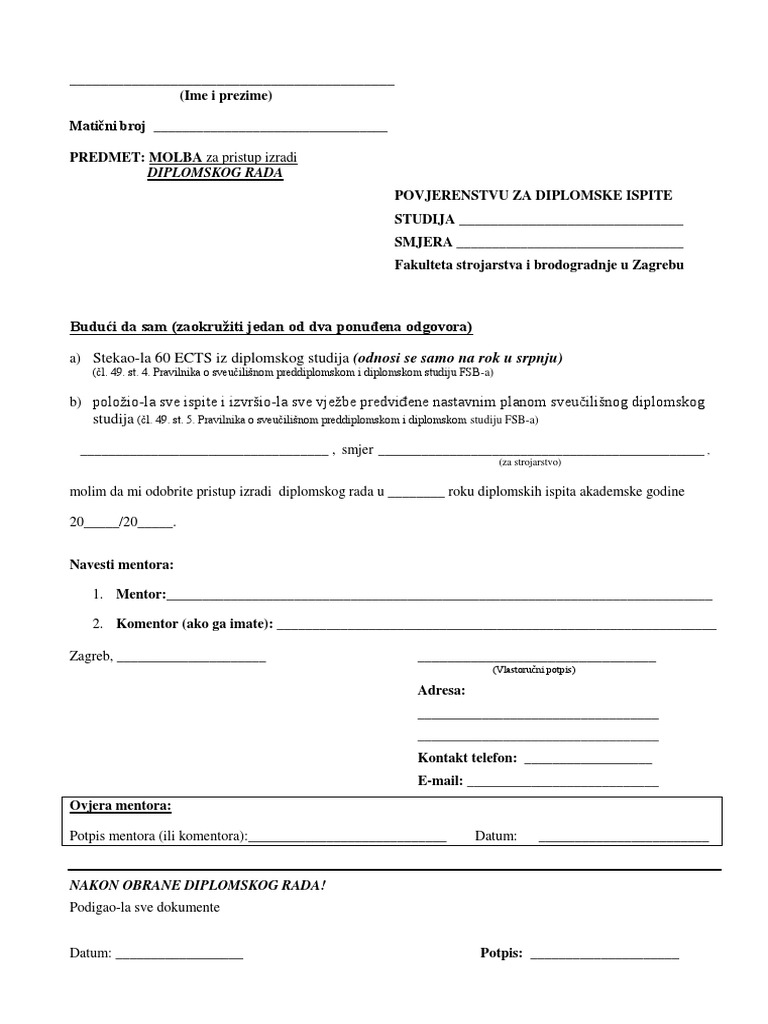Molba Za Zadavanje Diplomskog Zadatka | PDF