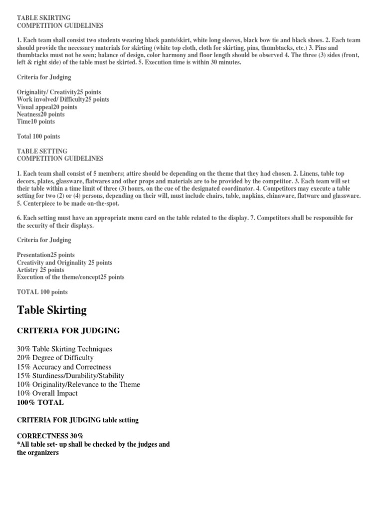 Table Skirting: Criteria For Judging | Download Free PDF | Softlines ...