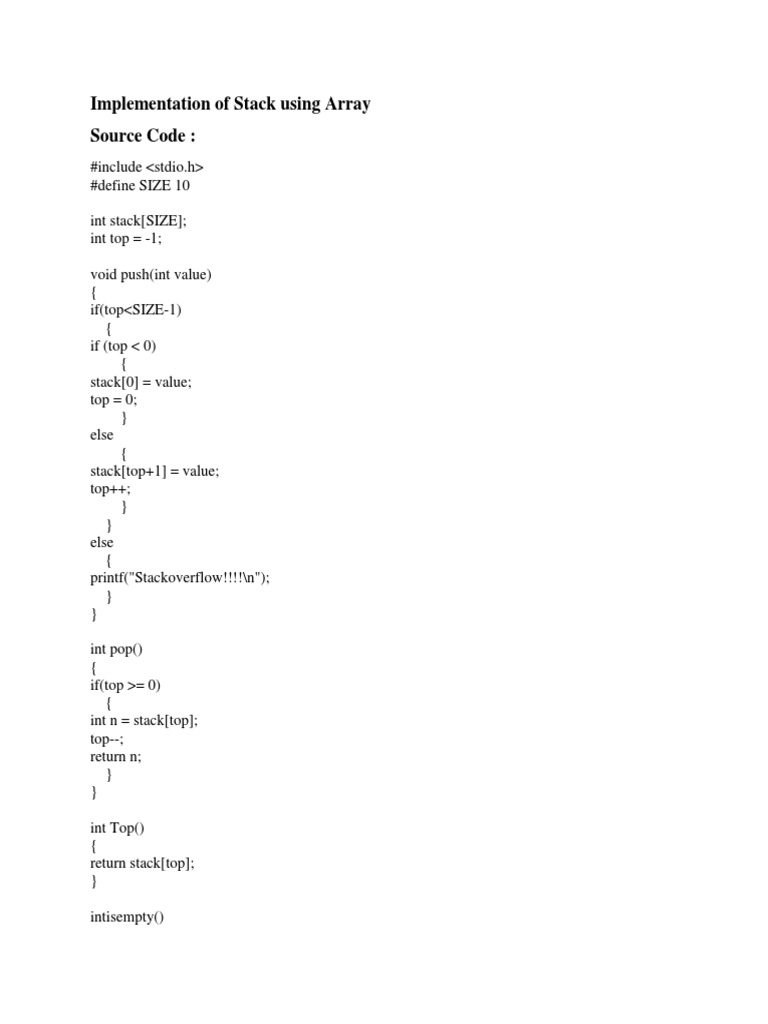 Implementation of Stack Using Array Source Code | PDF