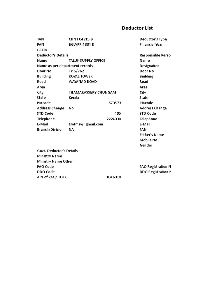 Deductor List: Deductor's Details Responsible Person's Details | PDF ...