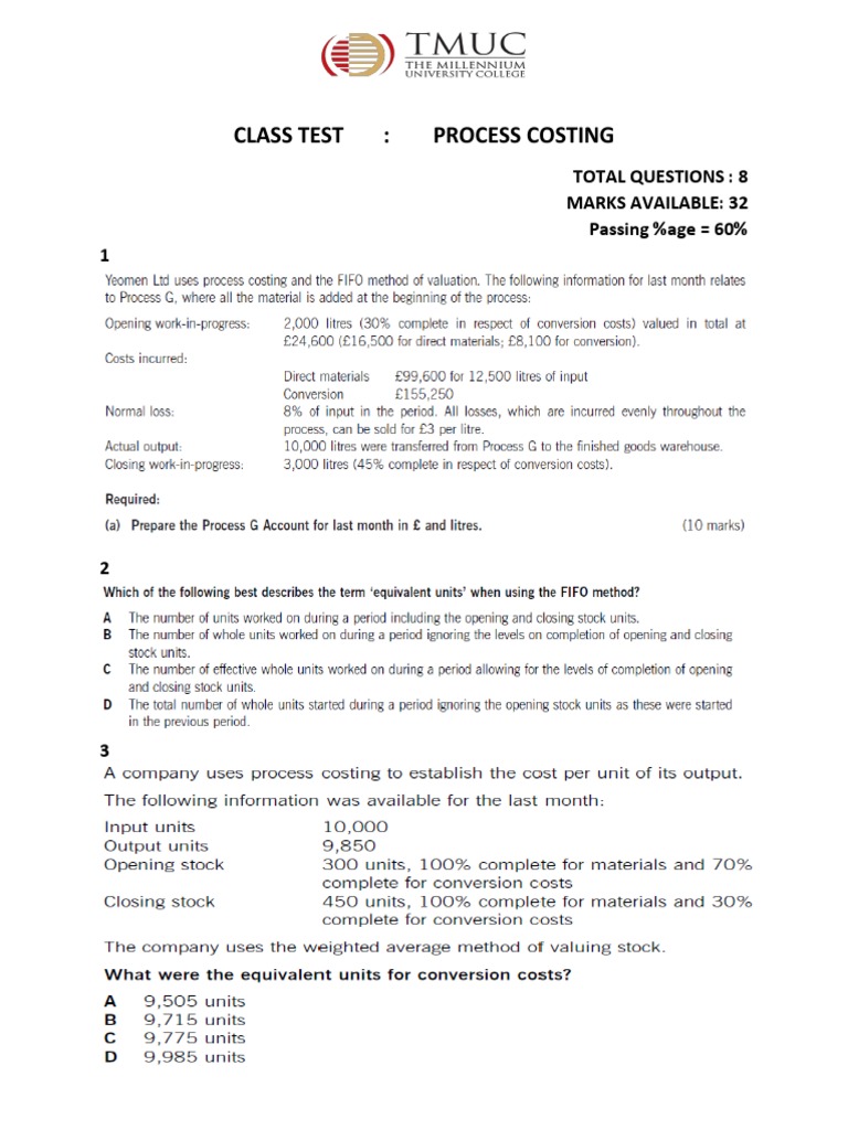 Process Costing Class Test Guide | PDF