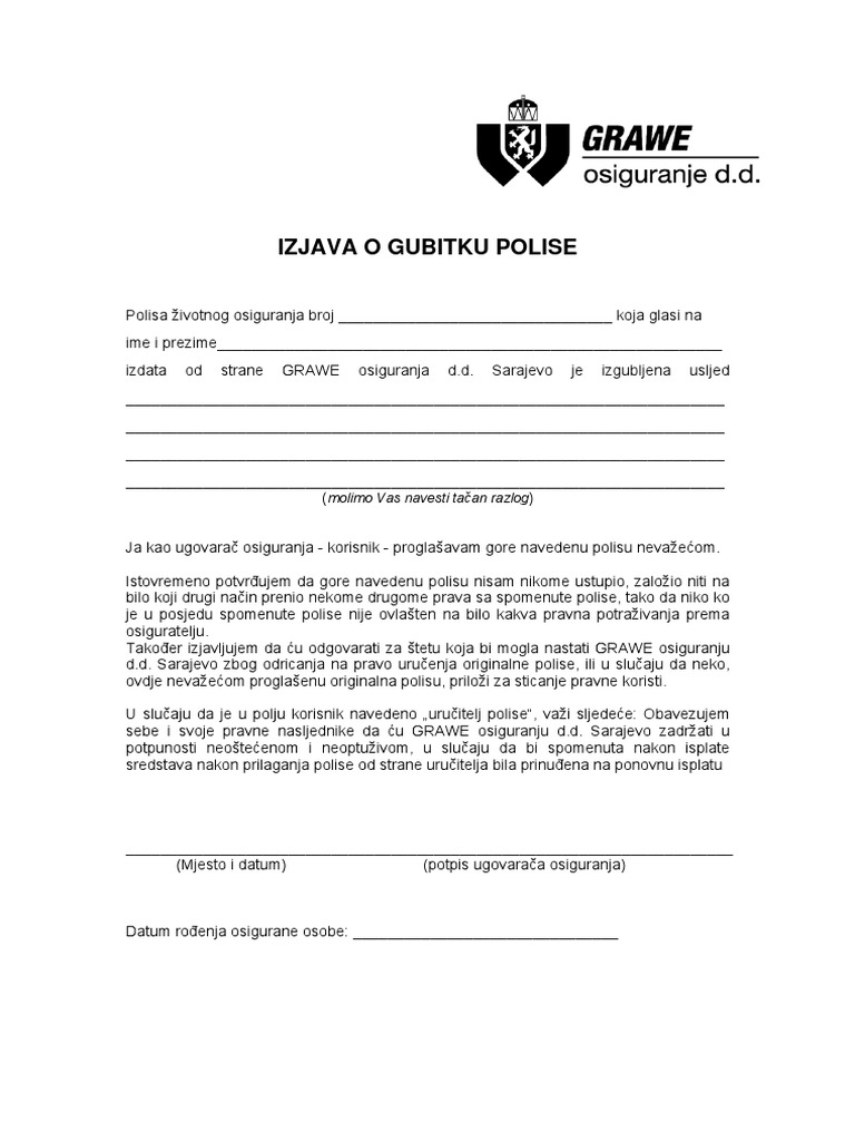 Izjava o Gubitku Polise | PDF