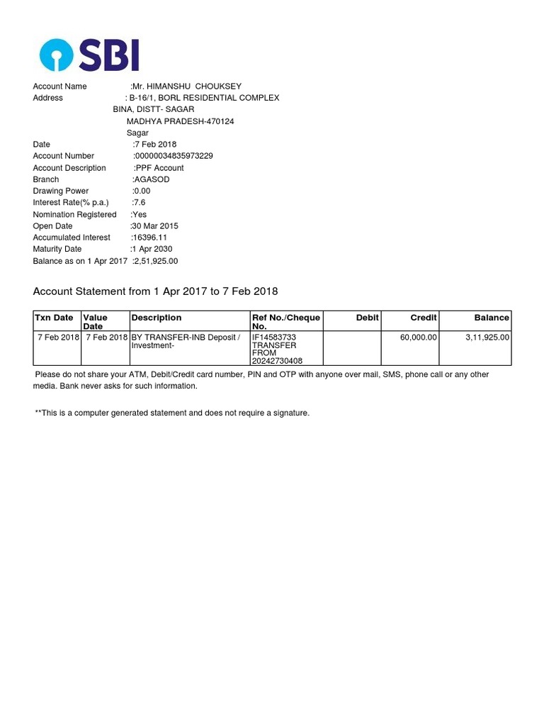 Mr. Himanshu Chouksey's PPF Account Statement from April 1, 2017 to ...