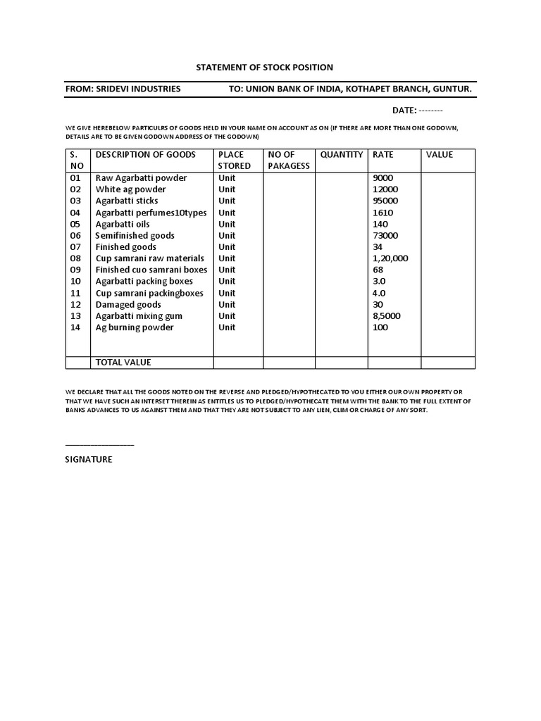 Statement of Stock Position From: Sridevi Industries To: Union Bank of ...
