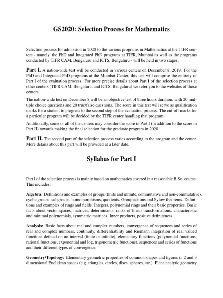 GS2020: Selection Process For Mathematics | PDF | Continuous Function ...