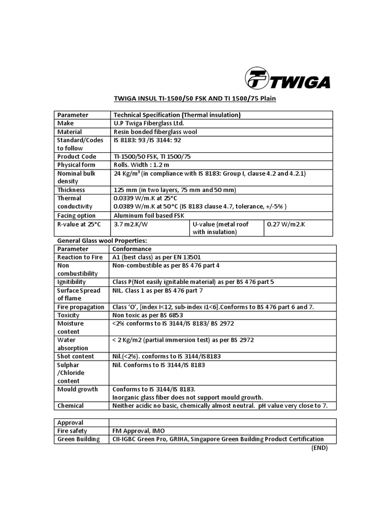 TWIGA INSUL TI-1500/50 FSK AND TI 1500/75 thermal specs | PDF ...