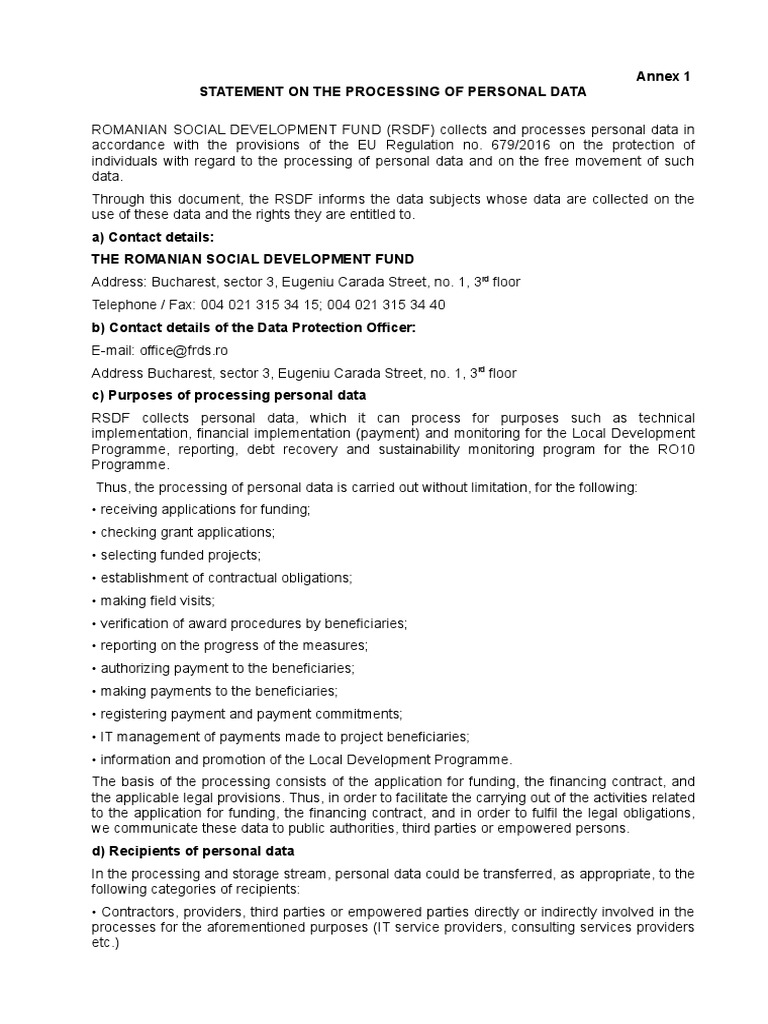 Annex 1 Statement On The Processing of Personal Data | PDF | Government ...