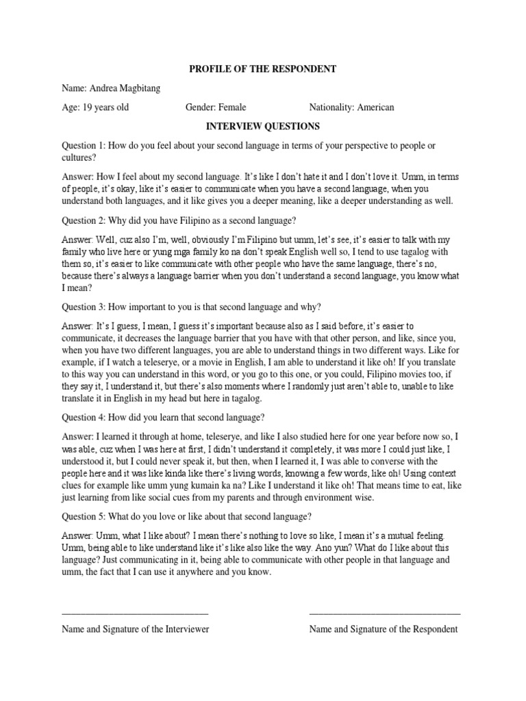 Respondent Profile: Andrea Magbitang | PDF | Tagalog Language ...