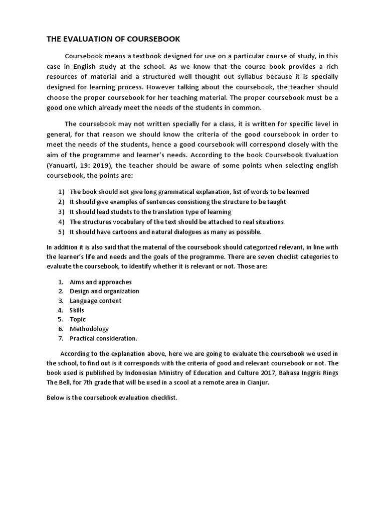 The Evaluation of Coursebook | PDF | Textbook | Evaluation