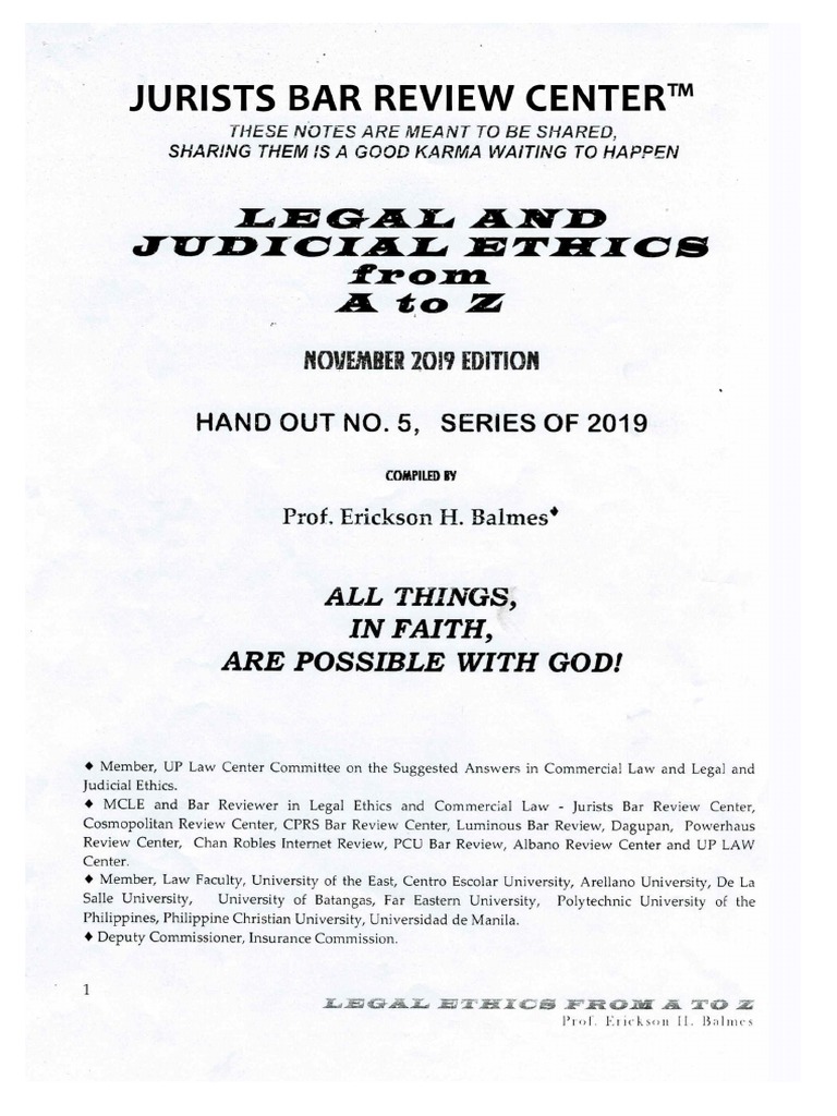 2019 Notes On Legal and Judicial Ethics by Prof. Erickson H. Balmes | PDF