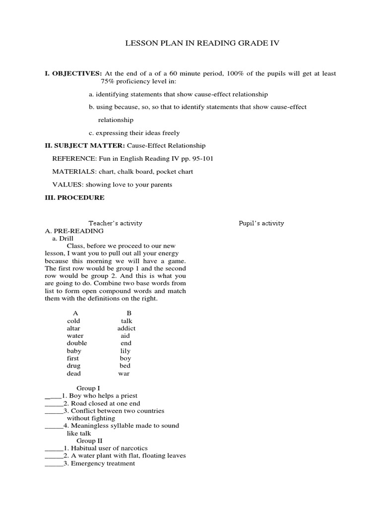 Grade 4 Reading Lesson Plan: Cause-Effect | PDF | Homework | Lesson Plan