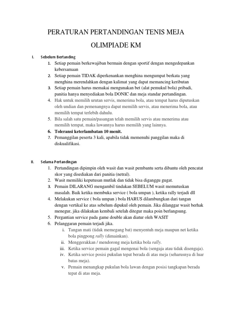 Peraturan Pertandingan Tenis Meja Olimpiade | PDF | Olahraga & Rekreasi