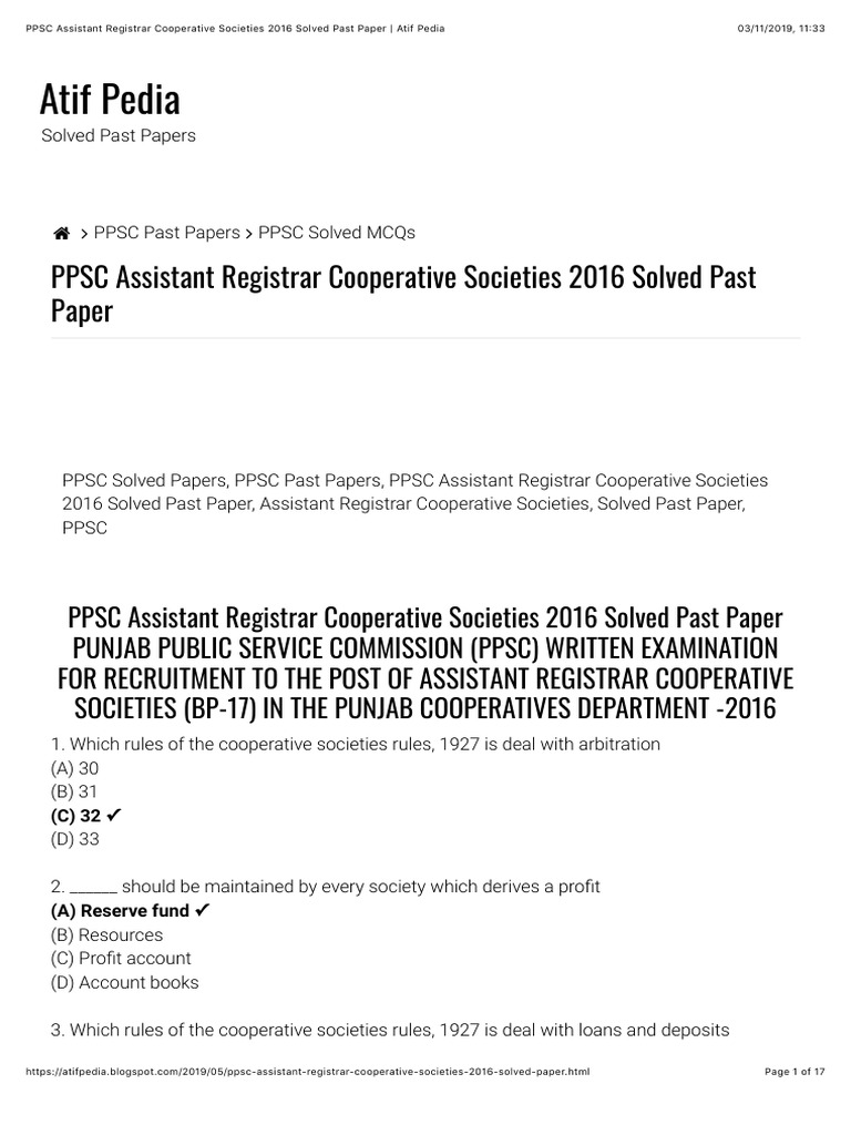 PPSC Assistant Registrar Past Paper 2016 | PDF | Cooperative | Bookkeeping