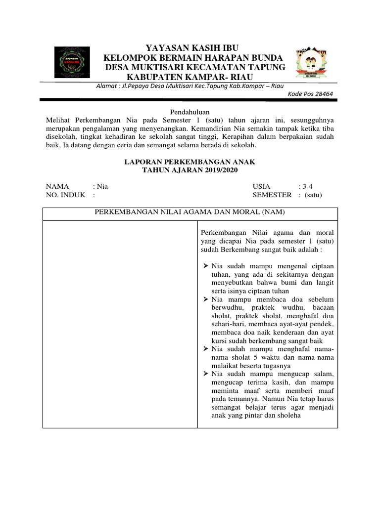 Raport KB Harapan Bunda - Tanpa Foto | PDF