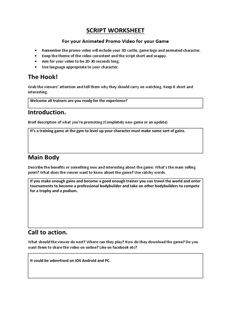 Script Worksheet: For Your Animated Promo Video For Your Game | PDF