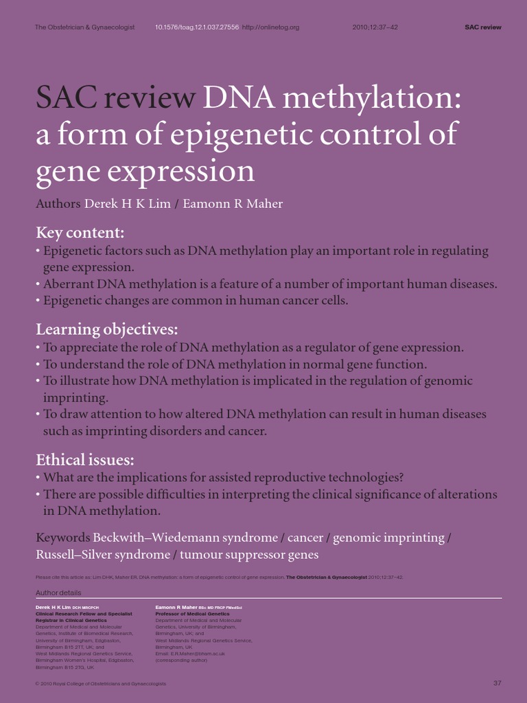SAC Review: DNA Methylation: A Form of Epigenetic Control of Gene ...
