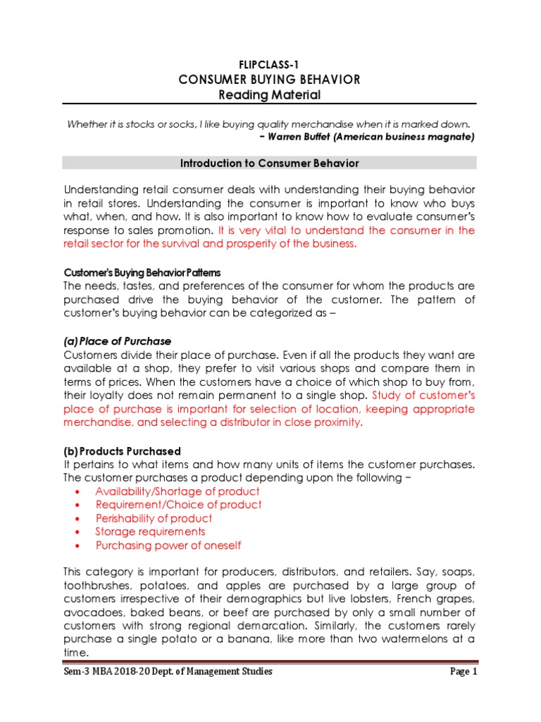 Flipclass-1 - Consumer Behavior - Reading Material | PDF | Consumer ...