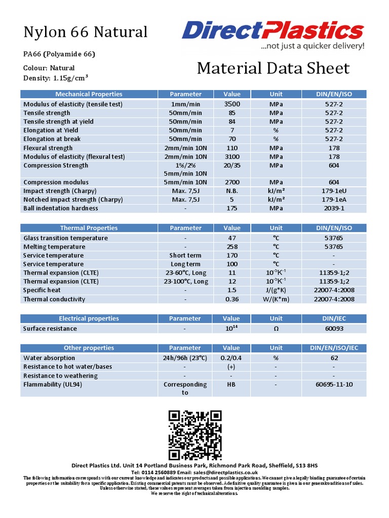 Nylon 6.6 Data Sheet | PDF | Ultimate Tensile Strength | Strength Of ...