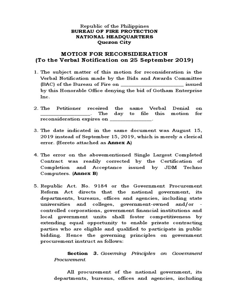 Motion For Reconsideration (To The Verbal Notification On 25 September ...