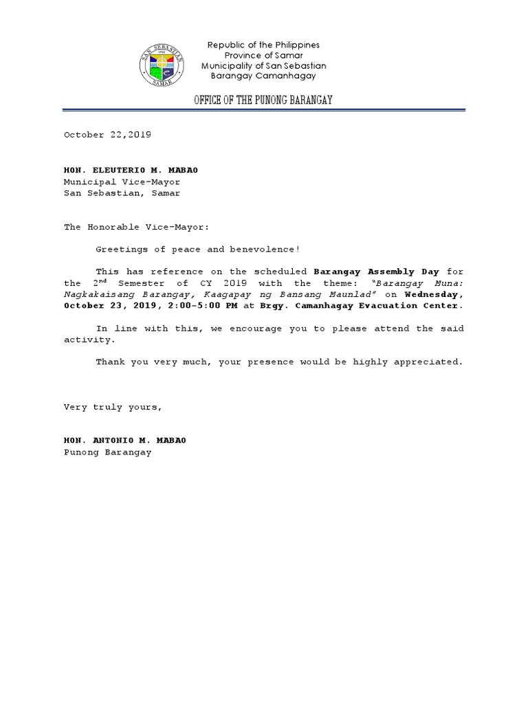 Brgy Assembly Invitation Letter | PDF | Social Science | Home & Garden