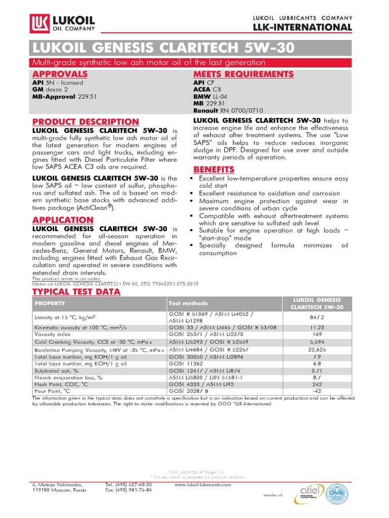 Tds Lukoil Genesis Claritech 5w-30 v2.0 14.09.2016 Eng | PDF | Motor ...