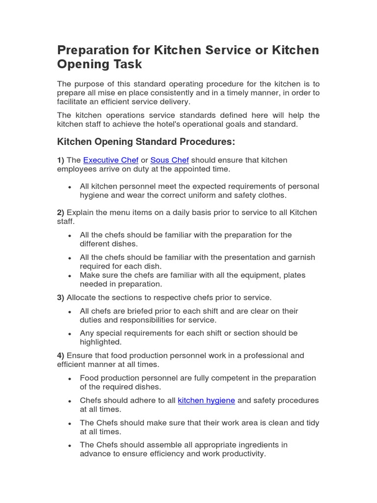 Efficient Kitchen Opening SOP | PDF | Menu | Chef
