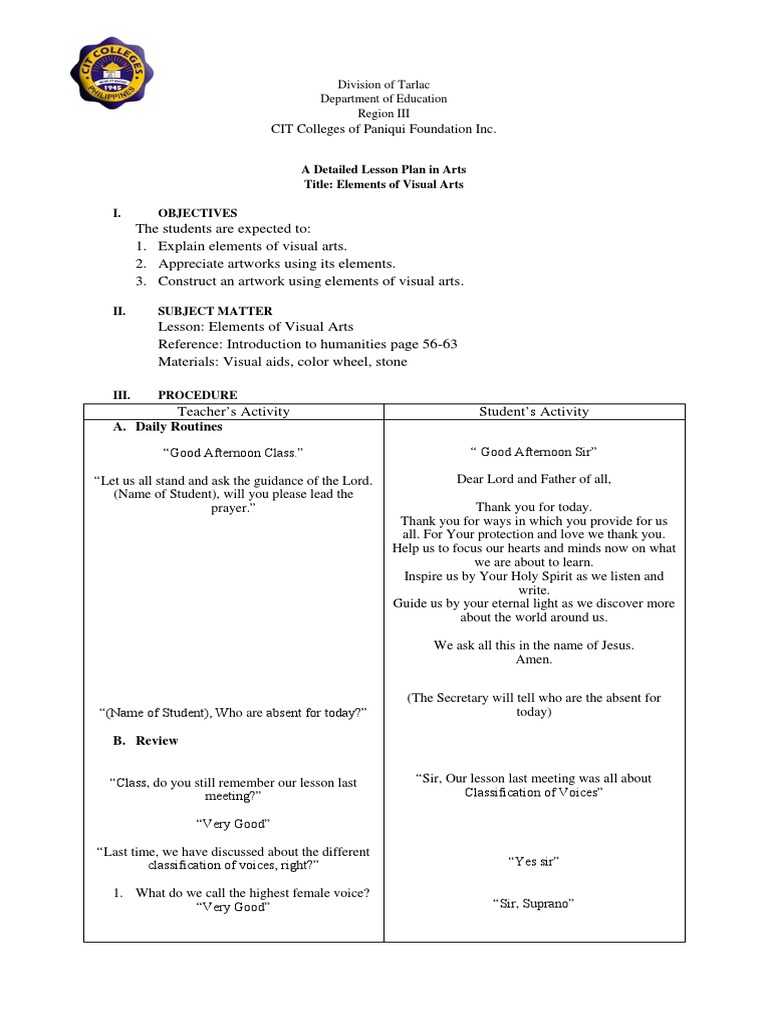 Grade 4 Visual Arts Lesson Plan | PDF | Shape | Lesson Plan