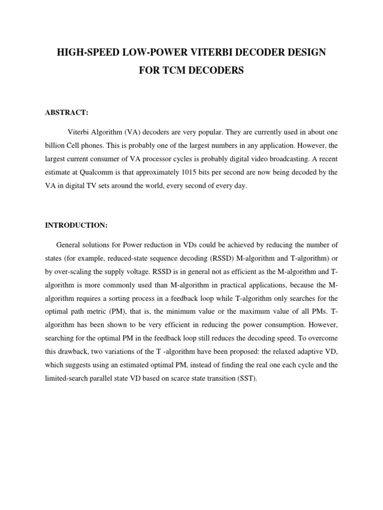 Low Power Viterbi Decoder Design For Tcm Decoders Pdf Algorithms Electronics